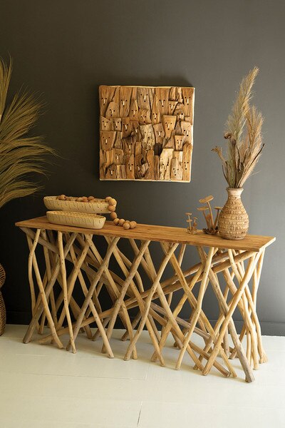 repurposed teak wood branches console table