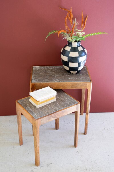 set of 2 nesting acacia wood accent tables with titanium travertine tops